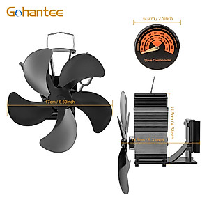 gohantee Heat Powered Stove Fan Hanging on Chimney Fireplace Fan 5 Blades Silent Operation for Wood Log Burner Fireplace Eco Friendly and Efficient Heat Distribution with Stove Thermometer