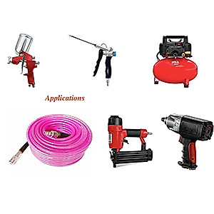 SANFU Polyurethane(PU) 1/4-Inch x 100ft Reinforced, lightweight Air Hose with 1/4” Swivel Industrial Quick Coupler and Plug, Bend Restrictor, Transparent Pink(100’)