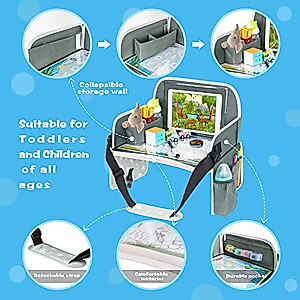 MENZOKE Kids Travel Tray, Toddler Car Seat Tray with Dry Erase Board, Collapsible Lap Car Seat Travel Table Desk w/iPad Holder, Storage Pocket, Kids Tray for Road Trip, Car Stroller, Airplane, Grey