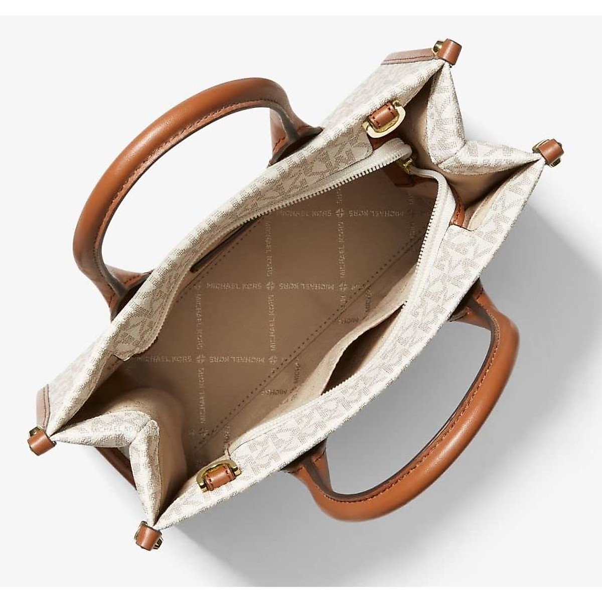 Michael Kors Mirella Small Shopper Top Zip Bag bundled SM TZ Coinpouch Purse Hook (Vanilla/Luggage)