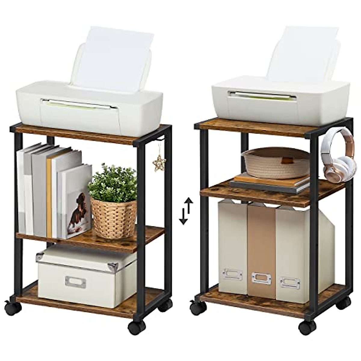 HOOBRO Mobile Printer Stand, 3-Tier Printer Cart Under Desk with Storage, Industrial Adjustable Rolling Cart , Sturdy Little Table on Wheels for Home Office, Rustic Brown and Black BF28PS01