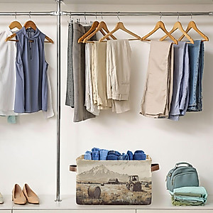 Qilmy Farmer Driving A Tractor Storage Basket with Handles for Organizing, Collapsible Canvas Shelves Storage Bins for Home Closet Bedroom Living Room