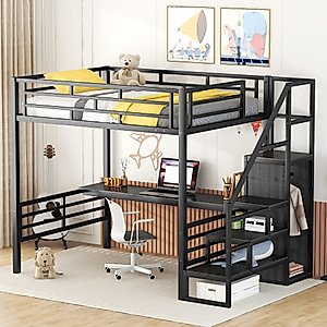 Oudiec Staircase Full Size Loft Bed with Built-in Desk & Wardrobe,Sturdy Bedframe w/Storage & Safety Guardrail,No Box Spring Needed,Perfect for Kids Bedroom,Black