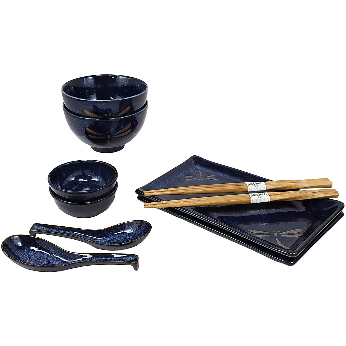 Ebros Gift Japanese Mino Ware Tombo Dragonfly Blue Porcelain Sushi Dinnerware 10pc Set For 2 People Pairs of Sushi Plates Soup And Sauce Bowls Bamboo Chopsticks Asian Soup Spoons Housewarming Gift