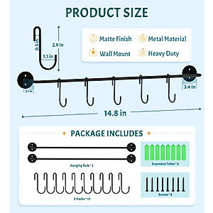 HOMEBROS Coffee Mug Rack, Black Metal Coffee Cup Holder Wall Mounted Hanging Coffee Mug Holder with 10 Mug Hooks Space Saving Kitchen Coffee Bar Mug Hanger Tea Cup Holder for Storage & Display - 2 Pcs