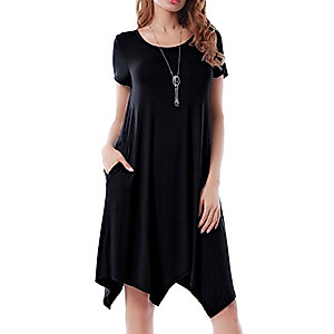 Invug Women Casual Loose Soft Crewneck Short Sleeve Pockets Swing T-Shirt Zigzag Hem Dress Black L