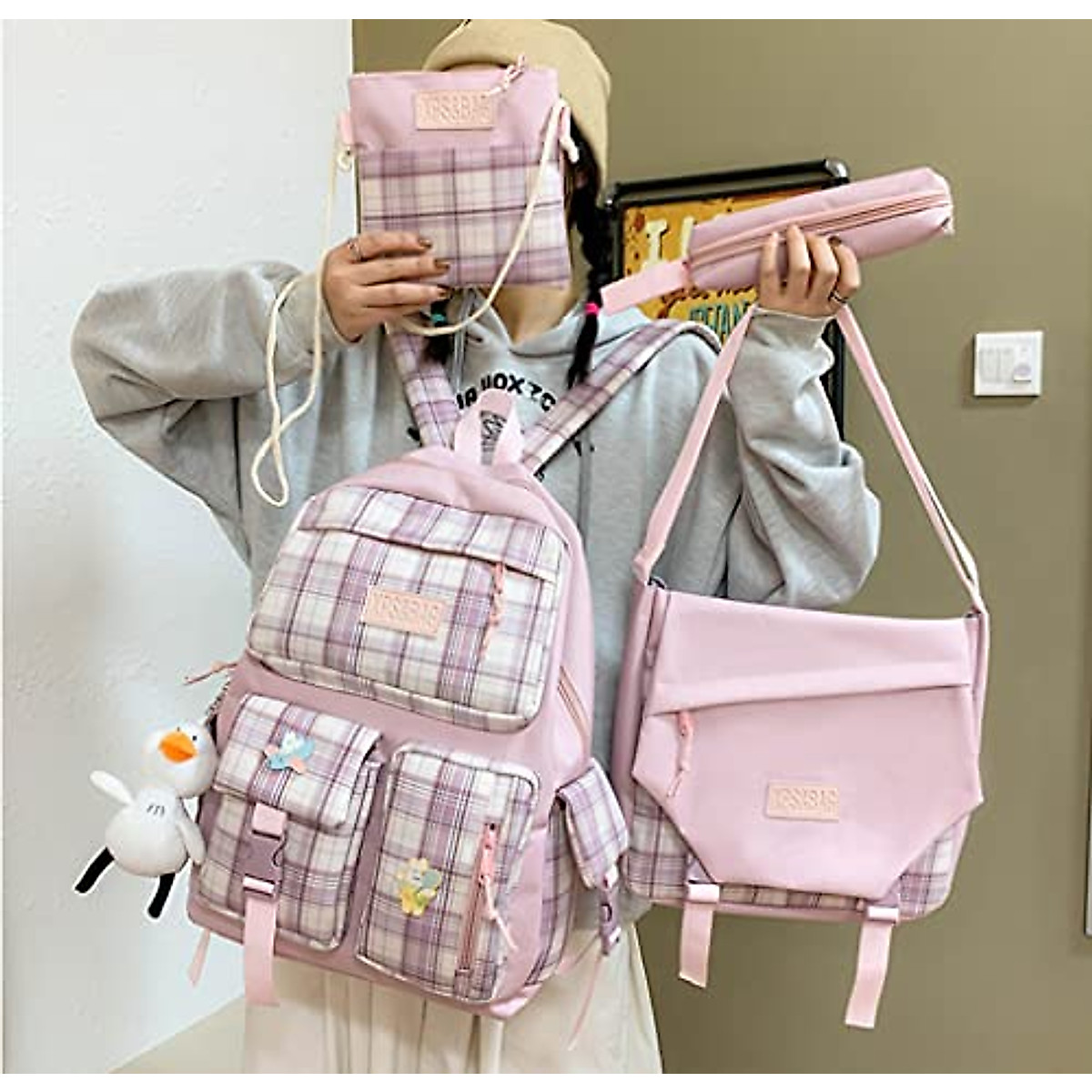 SodaMeow Kawaii Backpack with Pins and Accessories Kawaii Backpack Set Cute Aesthetic Backpack Kawaii Work Supplies (Pink)