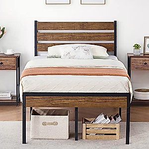 Alkmaar Bed Frame with Wood Headboard and Metal Slats Support Platform Bed Frame with Storage No Box Spring Needed (Twin)