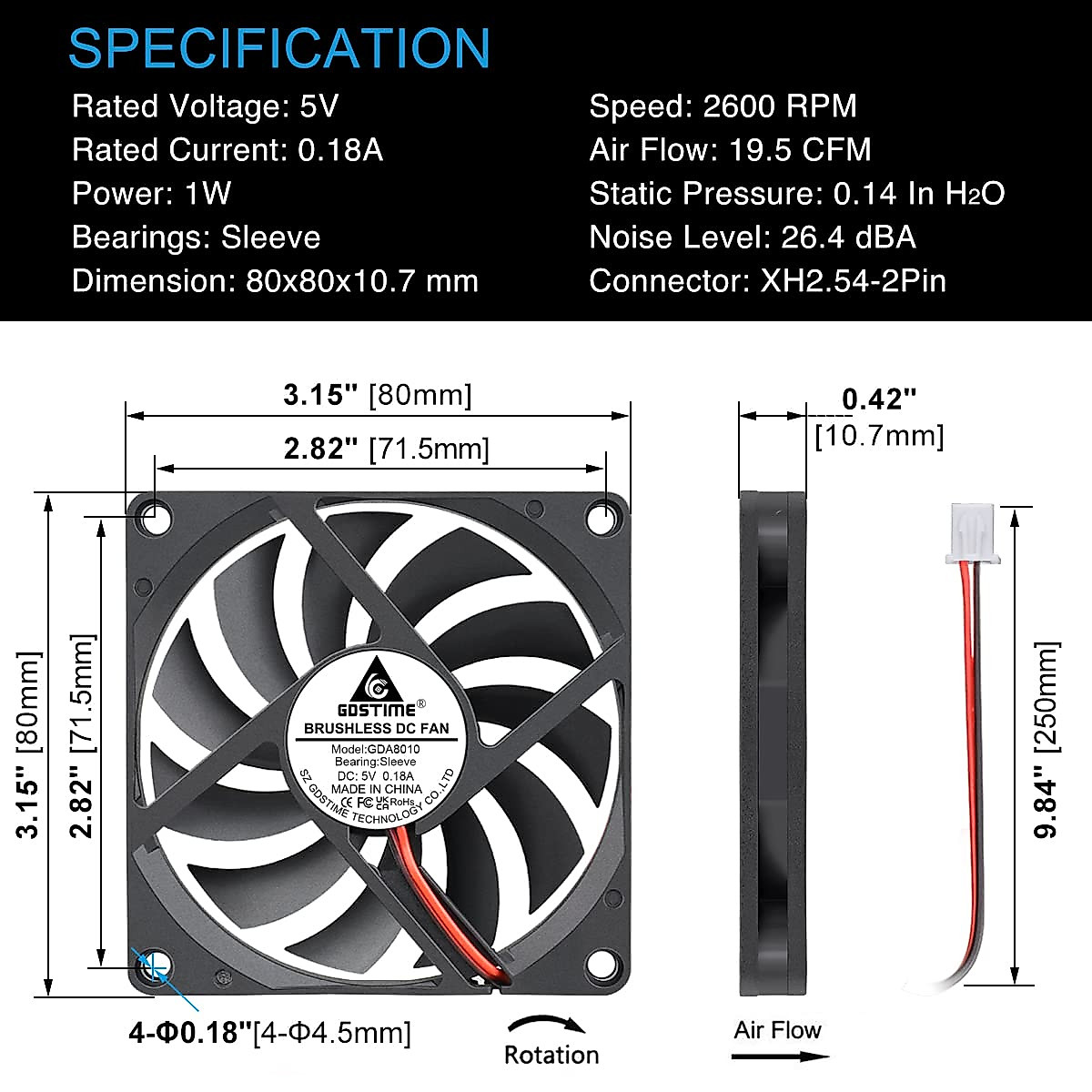 Gdstime 80mm x 80mm x 10mm DC 5V Brushless Cooling Fan 2PIN