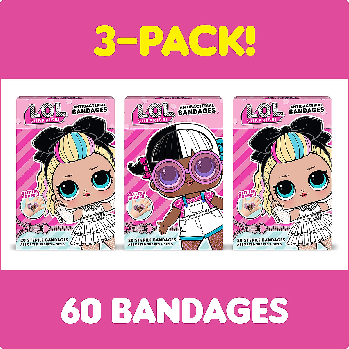 LOL Surprise! Shapes Glitter Kids Bandages, 20 CT, 3 Pack | Wear Like Stickers, Adhesive Bandages for Minor Cuts, Scrapes, Burns. Great Stocking Stuffer or White Elephant