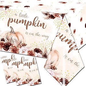 Lenyunge Little Pumpkin Baby Shower Decorations,Floral Pumpkin Tablecloth 3pcs Waterproof Plastic A Little Pumpkin is On The Way Table Cover for Boy Girl Little Pumpkin 1st Birthday Party Supplies