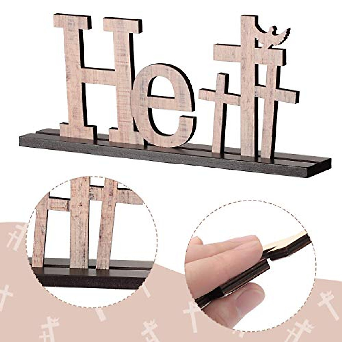 2 Pieces Easter Religious He Lives Table Top Decoration Easter Wooden Table Sign Easter Jesus Cross Inspirational Ornament Rustic Tabletop Decoration for Easter Party Holidays