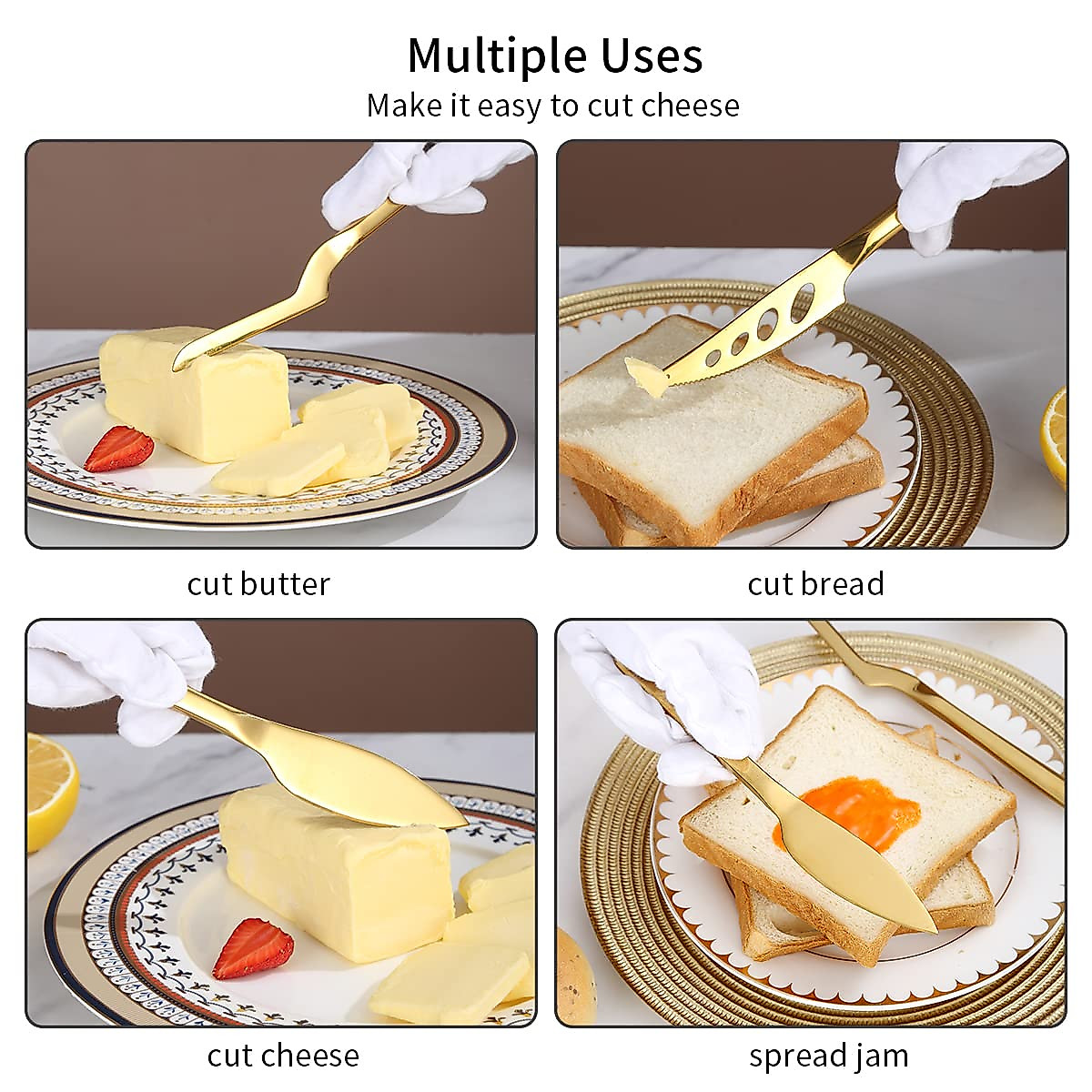 Kyraton Gold Cheese Knife Set of 3, Ergonomic Design Titanium Golden Plated Cheese Slicer, Butter Knife Spreader, Cheese Cutter, Cheese Knives for All Type of Cheese