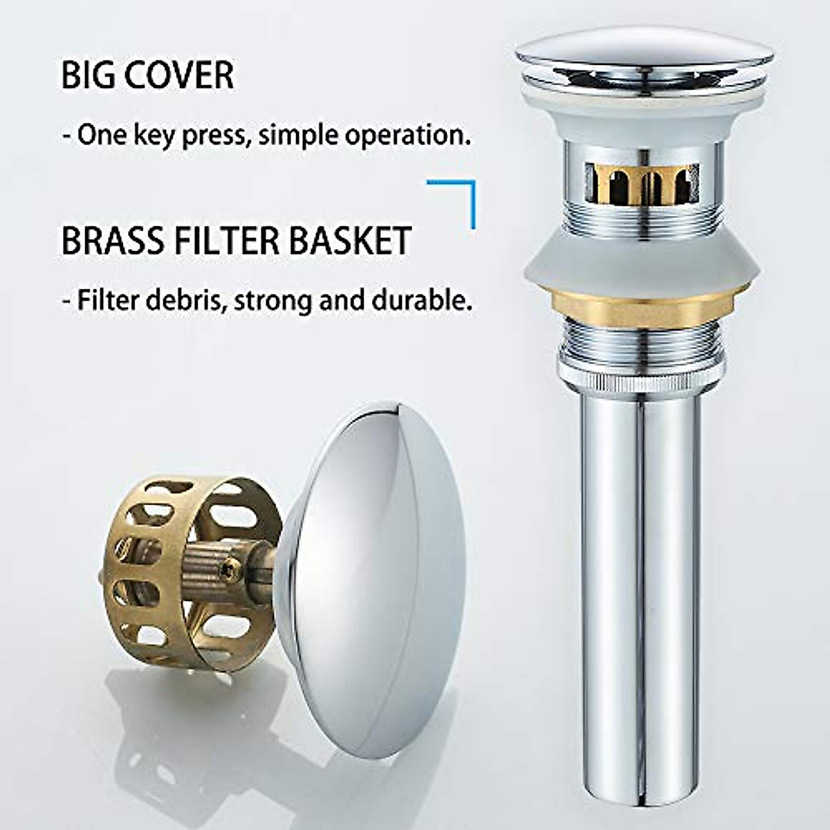 VOTON Bathroom Sink Drain Chrome Lavatory Pop-up Drain with Detachable Basket Stopper, Anti-Explosion and Anti-Clogging Drain Strainer，with Overflow Hole