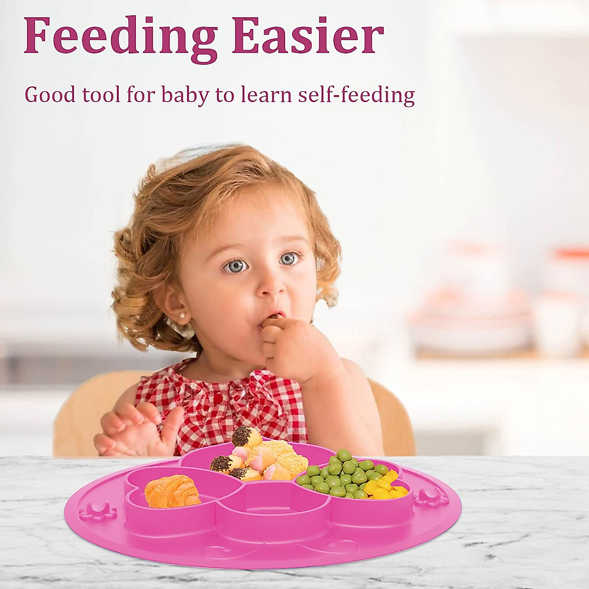 Suction Plates for Baby Toddler, Silicone Kids Plates, BPA Free Food Grade Silicone, Microwave and Dishwasher Safe, Bee Divided Design, Peach