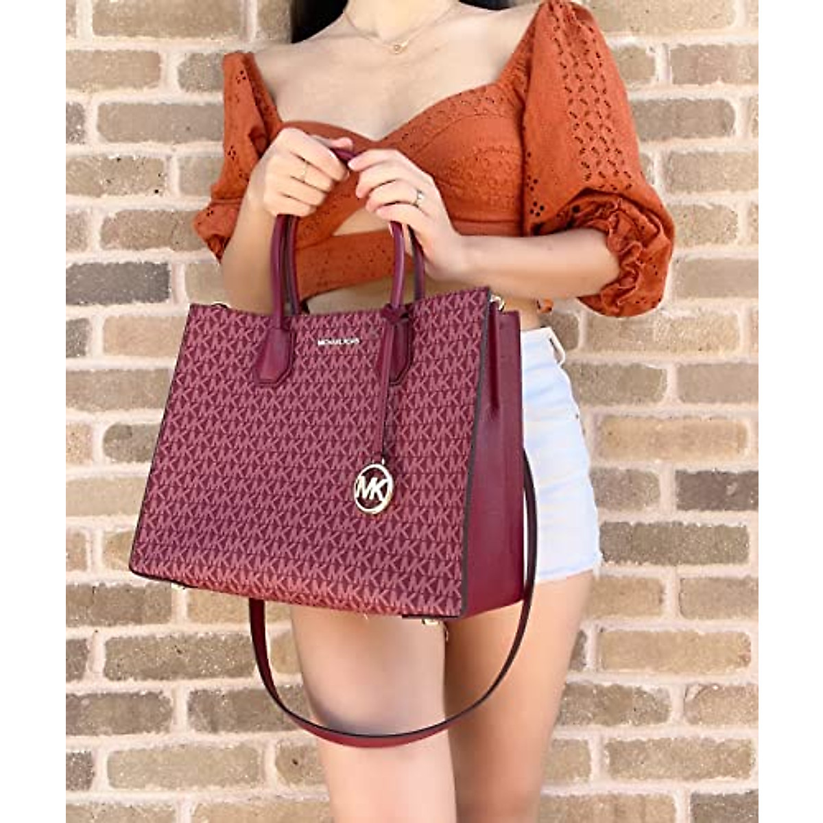 Michael Kors Mercer Large Convertible Tote Crossbody Mulberry MK Signature