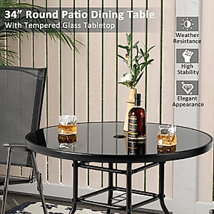 Tangkula 34 Inch Patio Dining Table, Round Tempered Glass Table with 1.5” Umbrella Hole, Heavy-Duty Metal Frame, Outdoor Metal Dining Table for Garden, Balcony, Porch