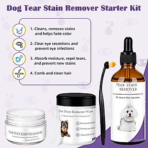 Guanshiya Dog Tear Stain Remover Starter Kit, with Witch Hazel Extract, Remove Tear Stains, Discharge & Mucus, includes Stain Solution, Applicator Wipes, Stain Powder & Brush, Lasts 30-45 Days
