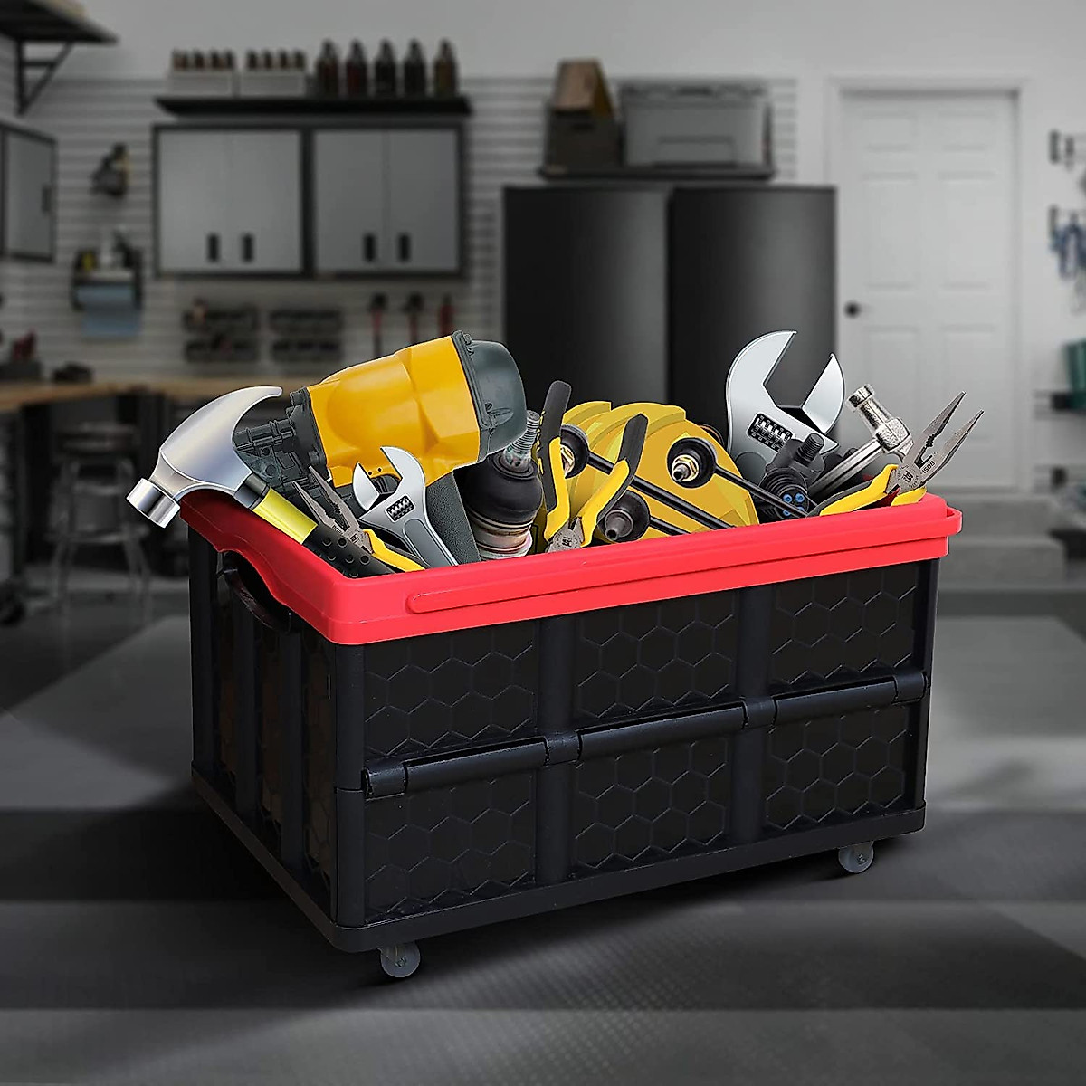 Astarama Foldable Storage Bins withLid, Stackable Storage Box with Removable Pulleys and Trolley, RetractableFoldable Storage Box (Black)