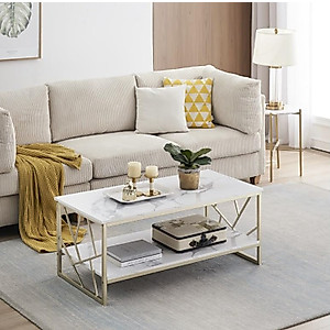 MKJLWO White Coffee Tables for Living Room, Square Marble Gold Coffee Table 2-Tier Storage Modern Center Table White Home Furniture Office Decor 43×21in