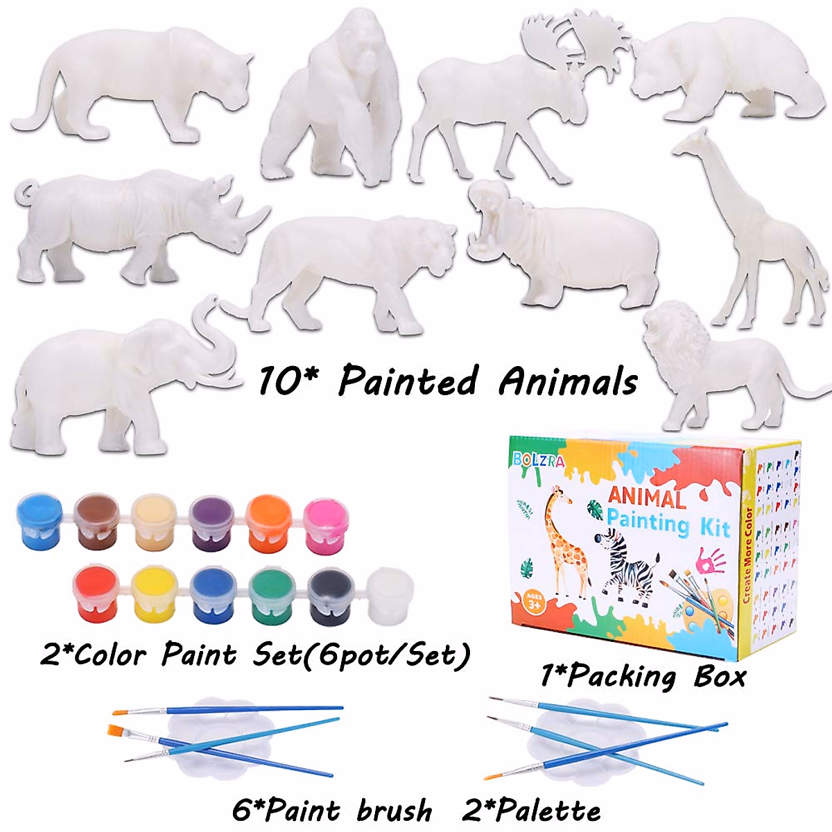 BOLZRA Safari Animals Painting Kit for Kids, 10Pcs Paintable Jungle Plastic Animal Figures, Paint Your Own Zoo Animals Figurine Creativity Toy DIY Crafts and Arts Supplies for Boys Girls Activities