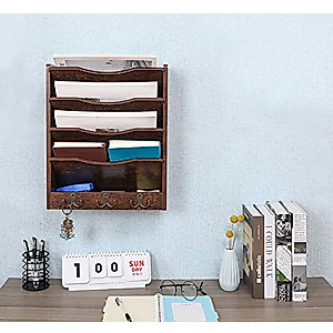 PAG 5-Tier Wall File Holder Hanging Mail Organizer Wood Magazine Literature Rack with 6 Hooks, Brown