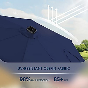 BLUU MAPLE 9 FT Outdoor Solar Patio Umbrella LED Table Umbrellas with 16 LED Strip Lights & Hub Light, Aluminum Frame, 3 YEARS Fade Resistance & UV Protection Fabric (Navy Blue)