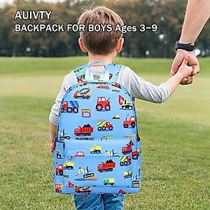 AUIVTY Preschool Backpack for Boys, Kids Backpack with Lunch Box Construction Backpack for Preschool Kindergarten Daycare and Travel, Car School Bookbag with Chest Buckle (Construction-Light Blue)