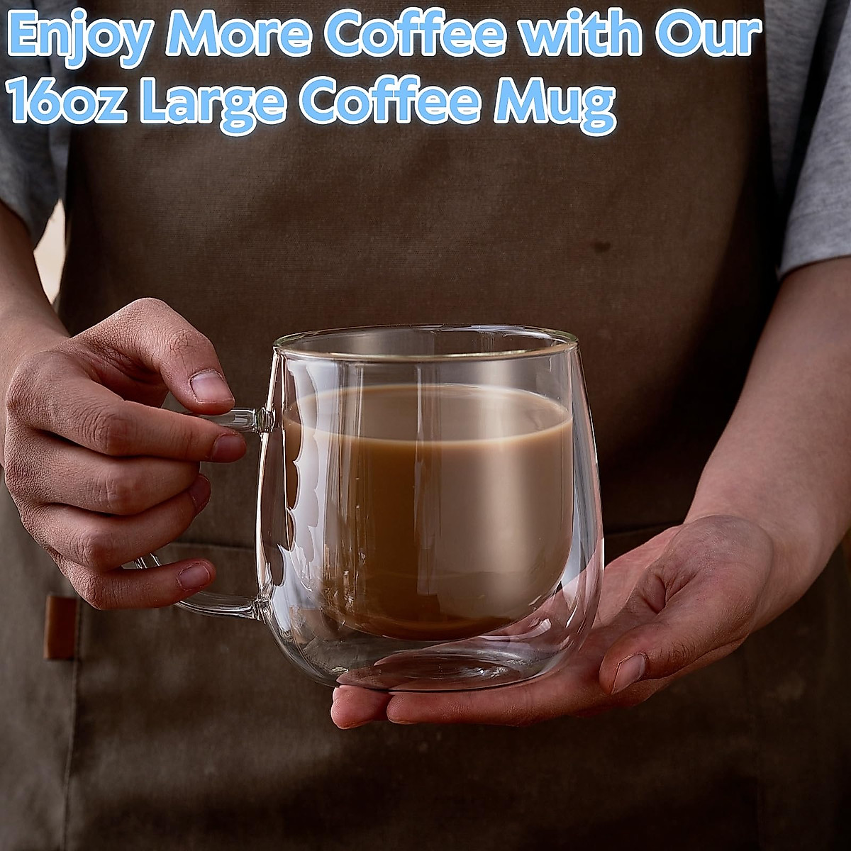 WEECHUNG 16oz Double Wall Glass Coffee Mugs Set of 2, Clear Coffee Mug, Insulated Glass Coffee Cups, Glass Mugs with Handles, Large Coffee Mug for Cappuccino, Americano, Tea