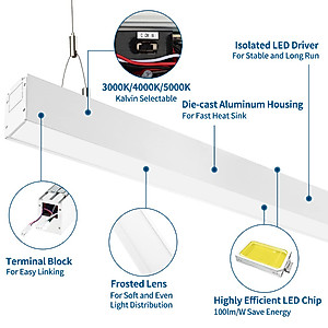 DAKASON 4FT Linkable LED Linear Light, 35W Down and15W Up Light, 3/4/5000K CCT Selectable, Commercial Linear Lighting Fixture for Office, Dimmable Suspended Lighting for School 1Pack White