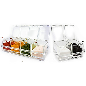 Six Compartment Condiment & Spice Box Serving Set with Spoons - 2 & 4 Section Seasoning Storage Container Rack Combo Set with Removable Cruet Jars (5.75 oz capacity each) | by ImpiriLux