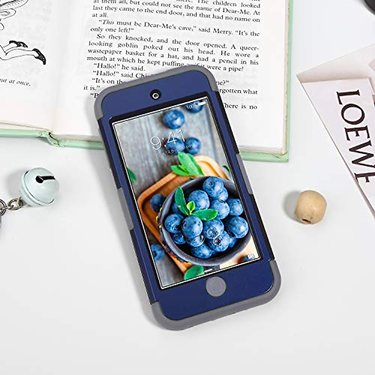 iPod Touch Case with 2 Screen Protectors, IDweel 3 in 1 Hard PC Case + Silicone Shockproof for Kids Heavy Duty Hard Case Cover for 2019 iPod Touch 7th/6th/5th Generation, Navy Blue + Gray