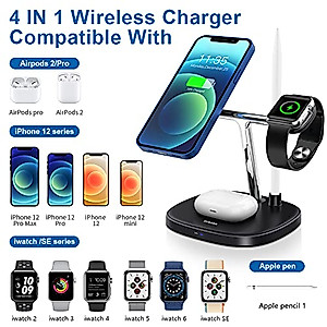 ZUBARR 4 in 1 Fast Wireless Charger, Magnetic Wireless Charging Station Compatible with iPhone 14/13/12 Series, iWatch SE/6/5/4/3/2, Airpods 2/Pro and Pencil 1nd with QC 3.0 Adapter