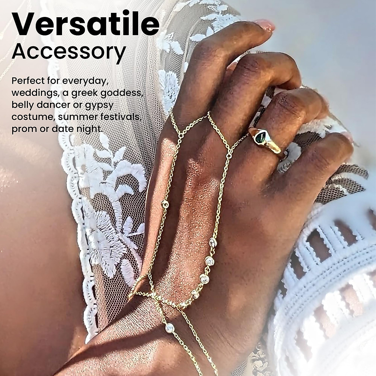 Faire de la Mode 5 CZ Diamond Gold Bracelet Ring Hand Chain for 4-9 Ring Sizes – Non-Tarnish 14k Gold Hand Chain Bracelet for Women – 6" to 8" Adjustable Length