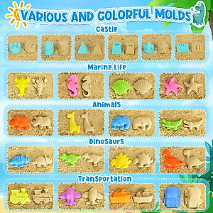 FHOZGECY Beach Toys, 31Pcs Sand Toys, Sandbox Toys with 2 Truck 2 Collapsible Sand Bucket, Shovel Set, Sand Castle Kit, Animal Dinosaur Molds etc. Mesh Bag, Travel Toys for Kids Toddlers Boys Girls