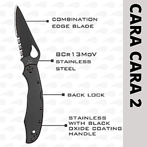 Spyderco Byrd Cara Cara 2 Knife with 3.75" Black Steel Blade and Durable Black Stainless Steel Handle - CombinationEdge - BY03BKPS2