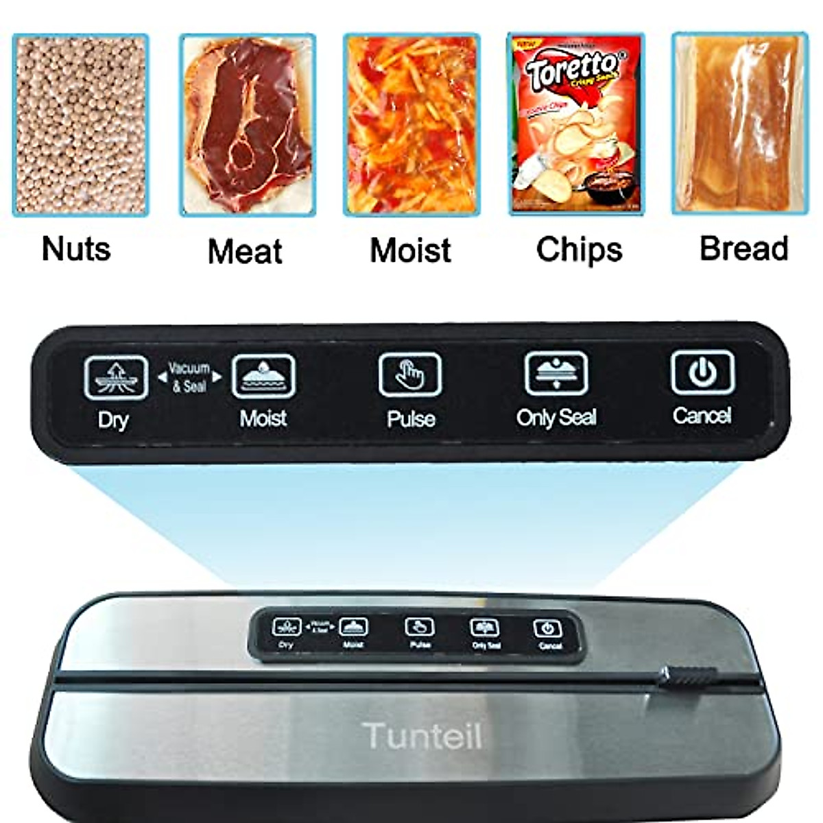 Vacuum Sealer Machine, Tunteil Automatic Air Sealing System For Food Storage With 10 Pcs Seal Bags Starter Kit, Dry and Moist Food Modes, Build-in Cutter, Air Suction Hose,Easy to Clean(Black)