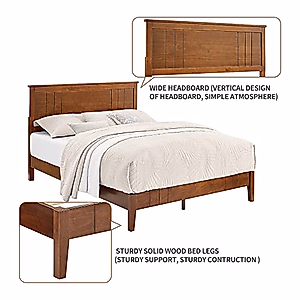 MUSEHOMEINC Mid-Century Modern Solid Wooden Platform Bed with Adjustable Height Headboard for Bedroom,Queen Size Wooden Bed Frame with Headboard,Wood Slat Support & No Box Spring Needed