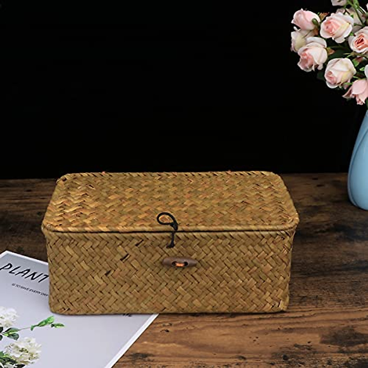 Alipis Desktop Stand Storage Drawers Straw Basket with Lid Seagrass Storage Basket Bins, Desktop Makeup Organizer Sundries Storage Box Rattan Lidded Box Shelf Bracket Small Basket