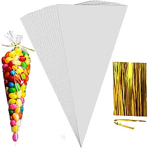 100 Pieces Christmas Medium Transparent Cone Bags Cello Bags Sweet Clear Treat Bags with 100 Pieces Twist Ties, 11.8 x 6.3 Inch (Golden Twist Ties)