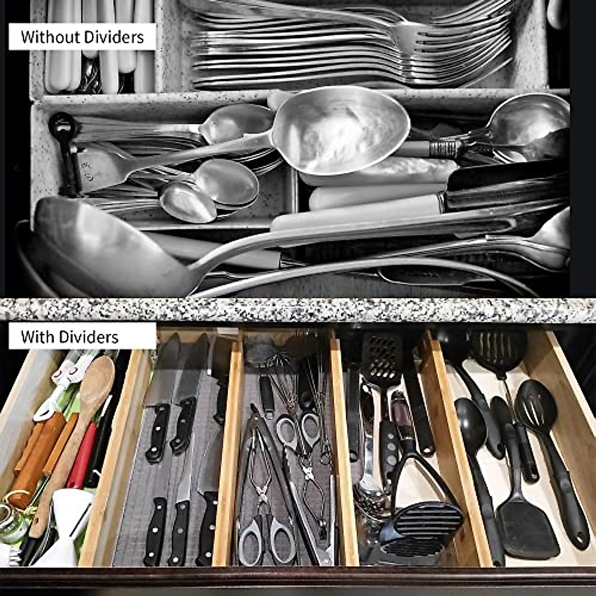 Utoplike 4 pcs Bamboo Kitchen Drawer Dividers(16.8-21.8IN),Adjustable Drawer Organizers,Spring Loaded,Works in Kitchen,Dresser,Bathroom,Bedroom,Drawer,Desk