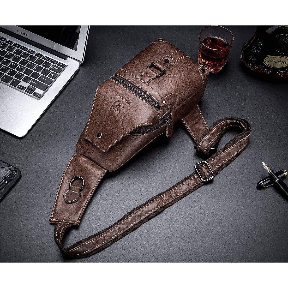 Genuine Leather Sling Bag,Full Grain Leather Chest Bag Casual Crossbody Shoulder Backpack Travel Hiking Vintage Daypacks for Men