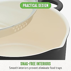 GreenLife 6QT Ceramic Nonstick Stockpot with Glass Straining Lid, PFAS & PFOA-Free, Dishwasher Safe, Stay-Cool Handles, Oven Safe to 350°F, Wobble-Free Base, Even Heating, Black