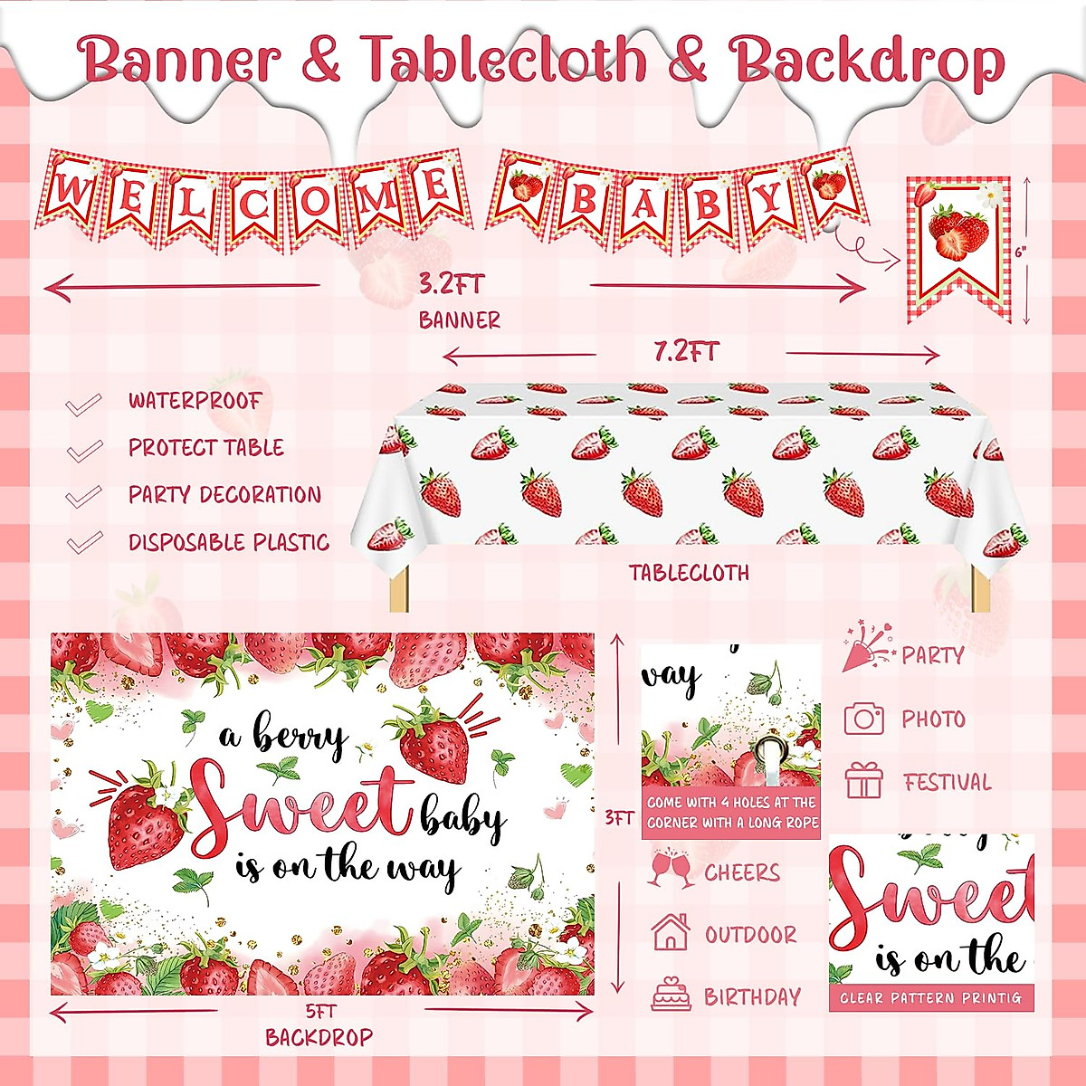 147pcs Strawberry Baby Shower Decorations Kit, A Berry Sweet Baby is on the Way Decorations Supplies, Strawberry Backdrop Tablecloth Balloon Cake Cupcake Topper Box Sash Banner for Baby Shower Girl