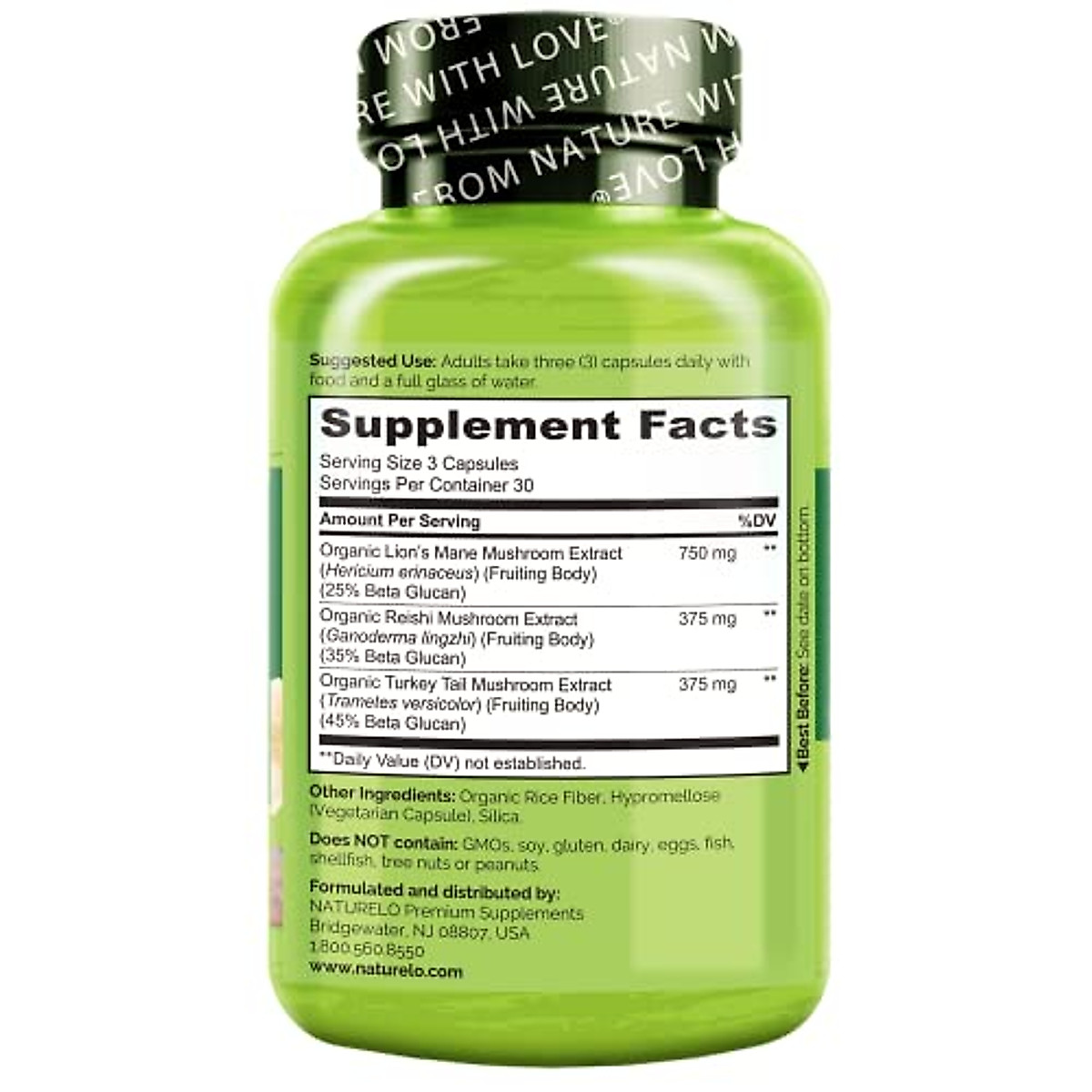 NATURELO Mushroom Supplement – Brain & Immune Health Blend with Lion’s Mane, Reishi, Turkey Tail – 90 Vegan Friendly Capsules