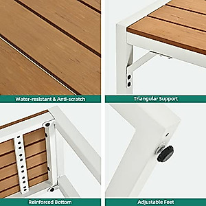 YITAHOME Patio Dining Table and Bench with Faux Wood Tabletop, Outdoor Dining Set for 4-6 People, All-Weather Picnic Conversation Set for Garden Backyard Poolside - White & Walnut