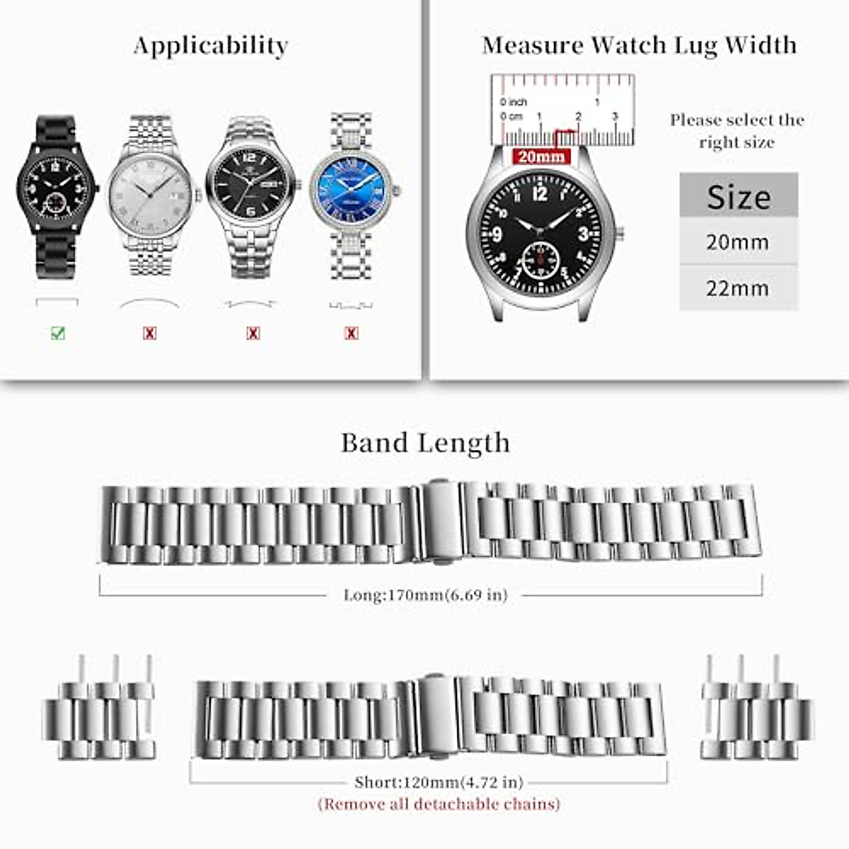 BOSHIYA Quick Release Watch band, Universal Stainless Steel Watch strap 18mm, 20mm, 22mm or 24mm, Fits Samsung Galaxy Watch 6/5/4/3,G-armin Watch,Huawei Watch for Men Women，Silver Black