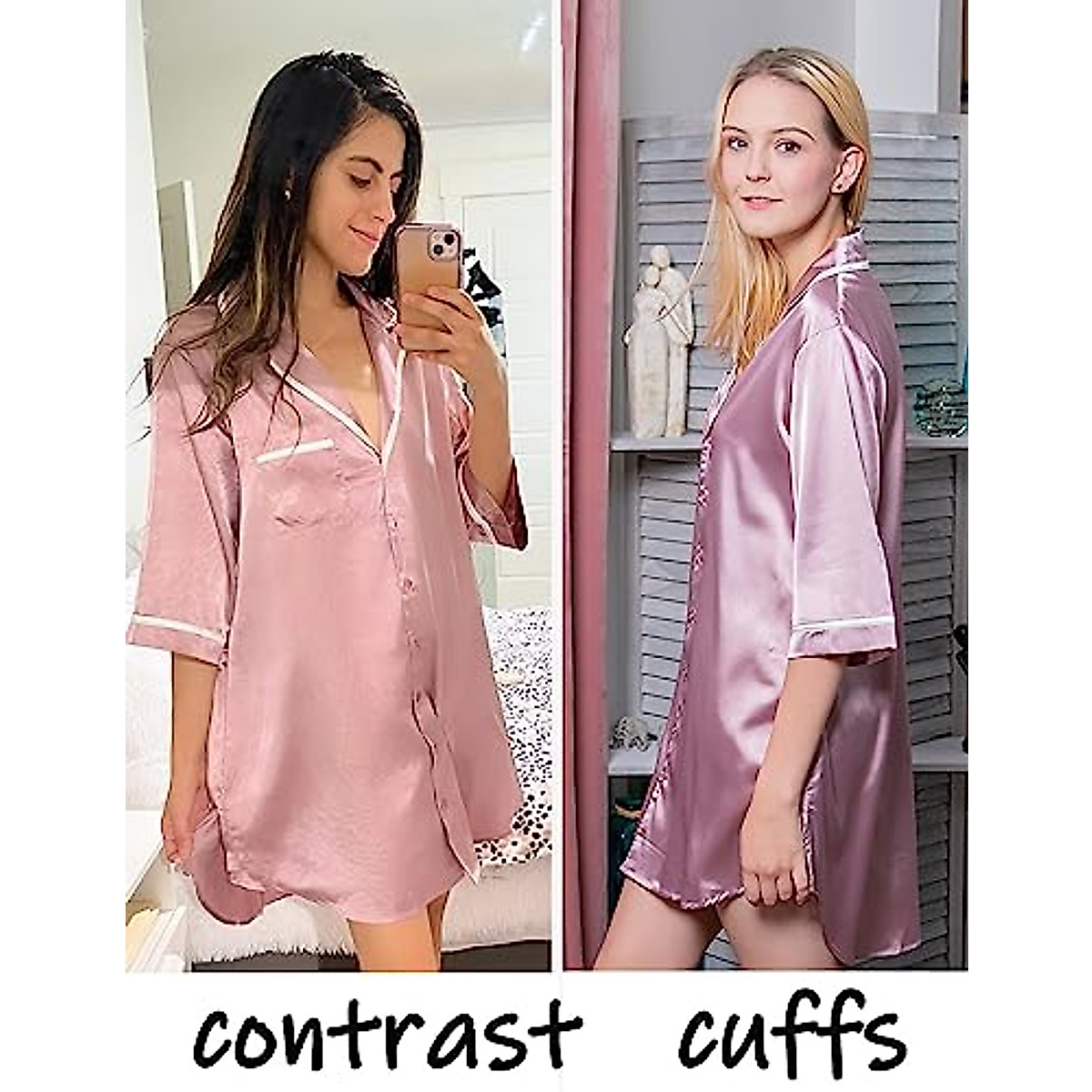 Ekouaer Women's Satin Night Shirts Women Nightgowns Sexy Sleep Shirts V Neck 3/4 Sleeve Sleepwear