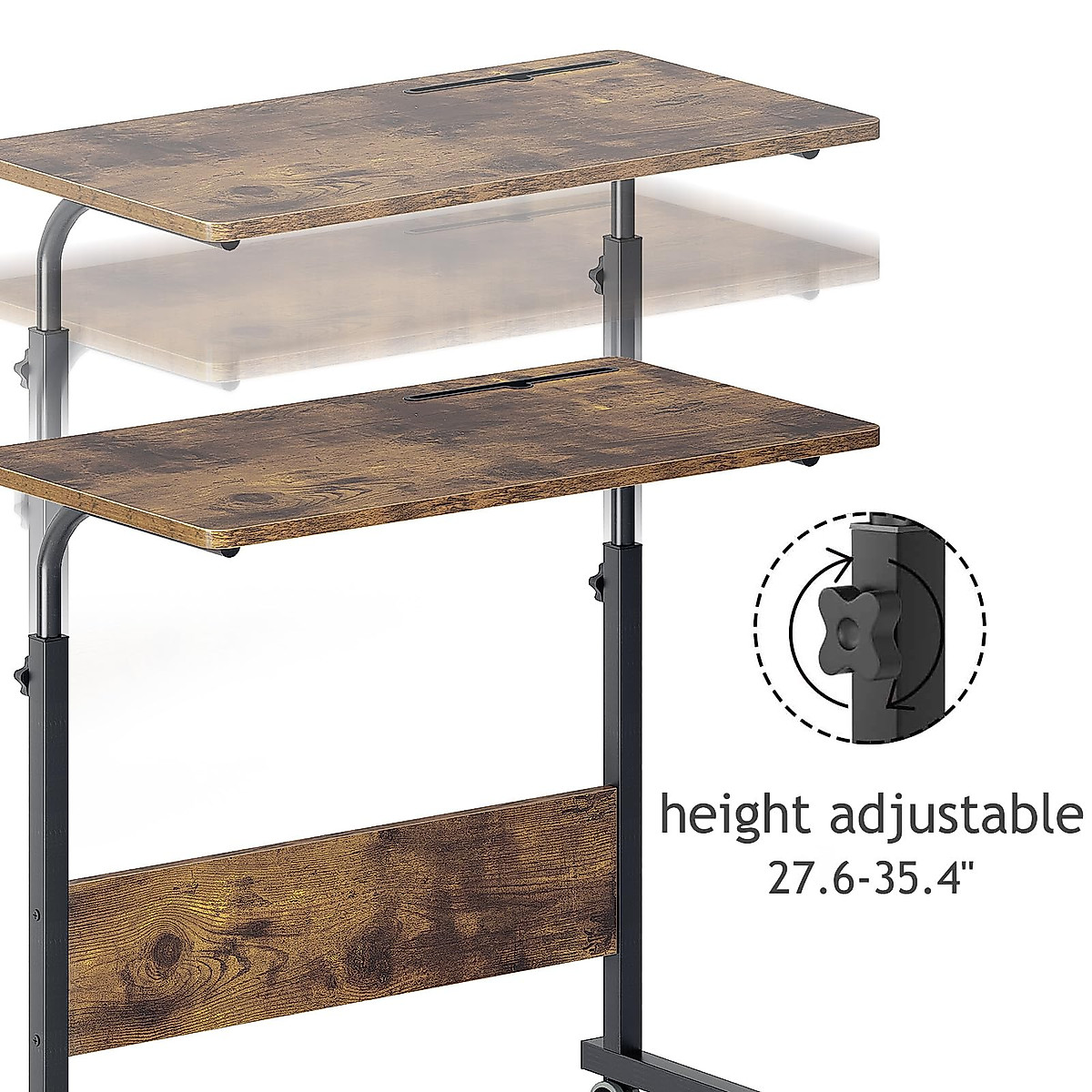 DlandHome Rolling Desk Adjustable Standing Desk, Mobile Side Table 31.4 Inches w/Wheels Adjustable C Table Movable Portable Laptop Computer Stand for Bed Sofa,Retro