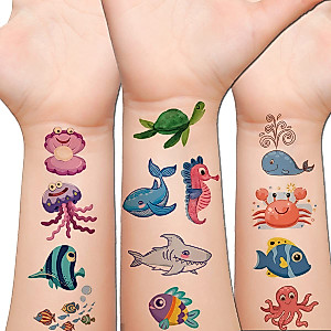 Hohamn Sea Animals Temporary Tattoos for Kids - 90+ Cartoon Ocean Animal Fake Tattoos for Girls Boys Birthday Party Supplies Favors, Baby Shower